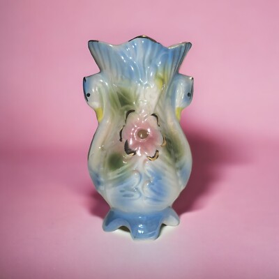VTG Ceramic 2 Handle Swan Vase Blue with Pink Gold Accent Trim ...