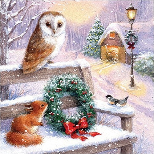 3 Servietten ~ Eule mit Eichhörnchen und Meisen auf der Bank im Schnee | eBay.de