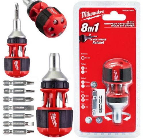 Milwaukee Ratchet Screwdriver Compact 8 in 1 Multi Bit Driver Pozi PH ...