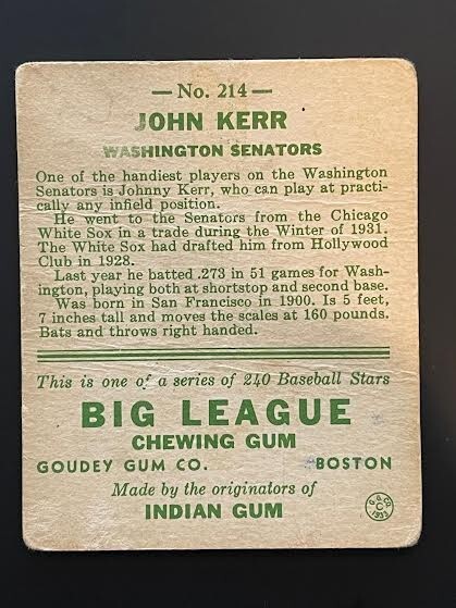 1933 GOUDEY #214 JOHN KERR WASHINGTON SENATORS GREAT COLOR AND PRICE | eBay