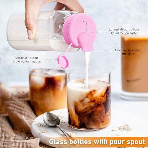 4 Pack 16 Oz Square Glass Milk Bottle With A Silicone Dispenser Cap ...