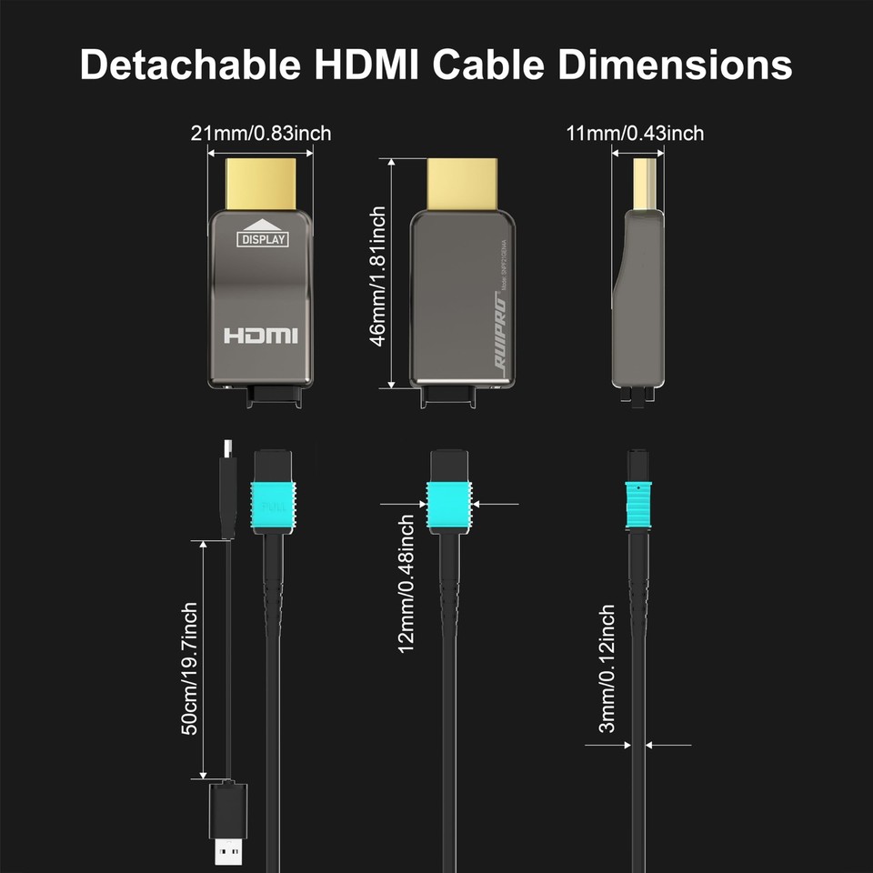 RUIPRO 8K Detachable Full Fiber Optic Armored HDMI 2.1 Cable 50FT ...
