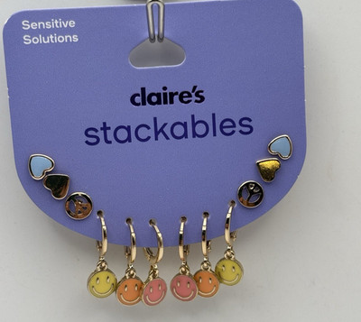 NEW Lot of 6 Pairs Stackables Earrings Hearts Peace Sign Smiley Faces ...