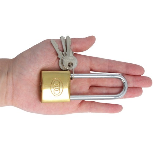 TRI CIRCLE 38mm Wide LONG SHACKLE BRASS PADLOCK Steel Key Garage Door ...