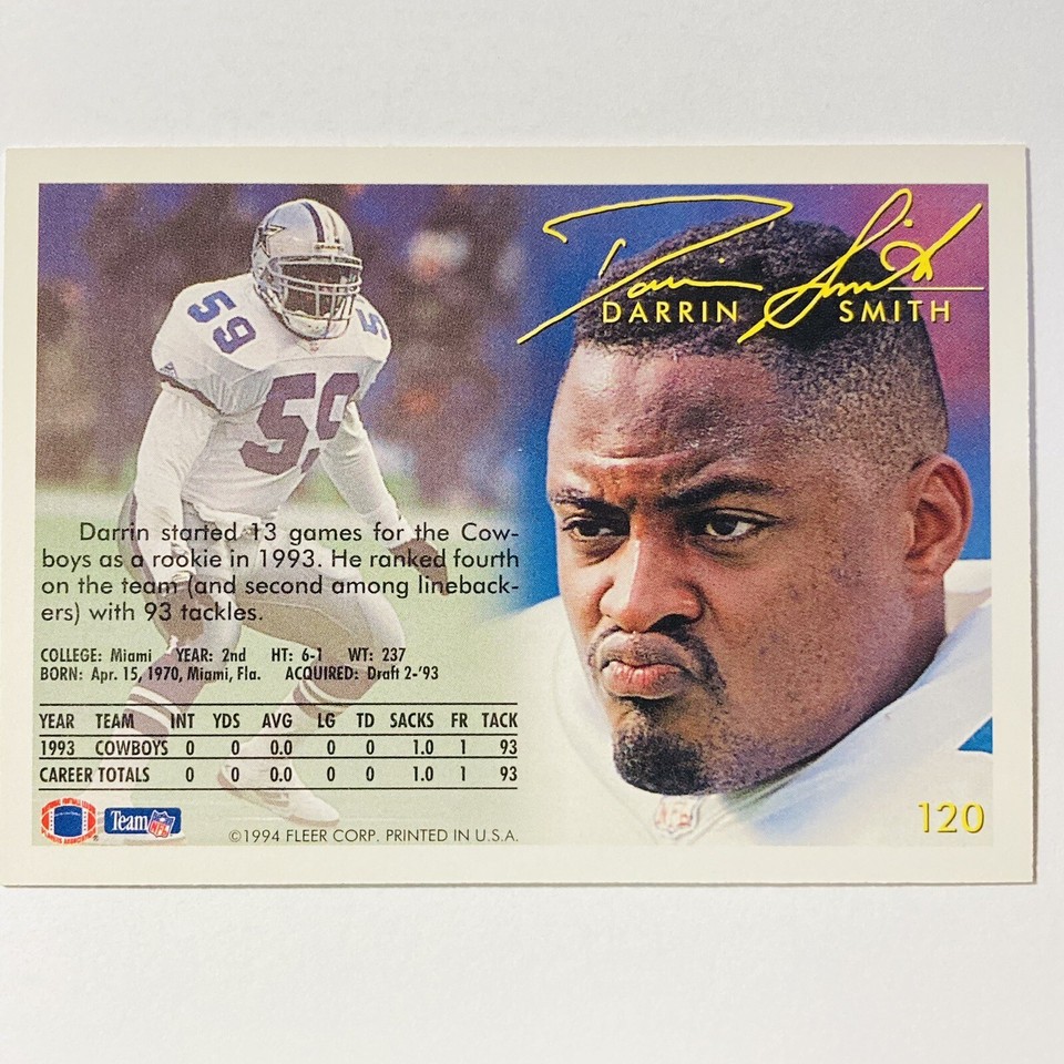 1994 Fleer Football Card #120 Darrin Smith Dallas Cowboys Trading Card ...