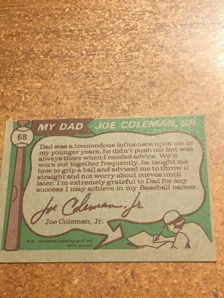 1976 Topps Baseball # 68 Father & Son Big Leaguers Joe Coleman & Joe ...