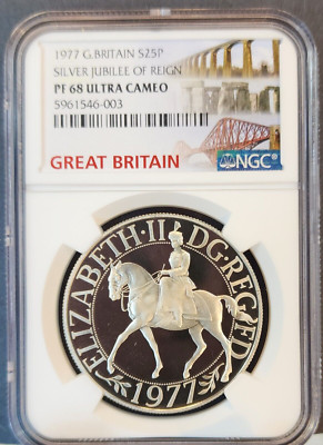 1977 GREAT BRITAIN SILVER 25 PENCE SILVER JUBILEE OF REIGN NGC PF 68 ...