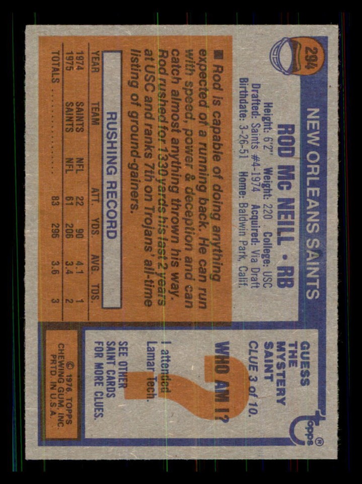 1976 Football Topps Rod McNeill New Orleans Saints #294 1 | eBay