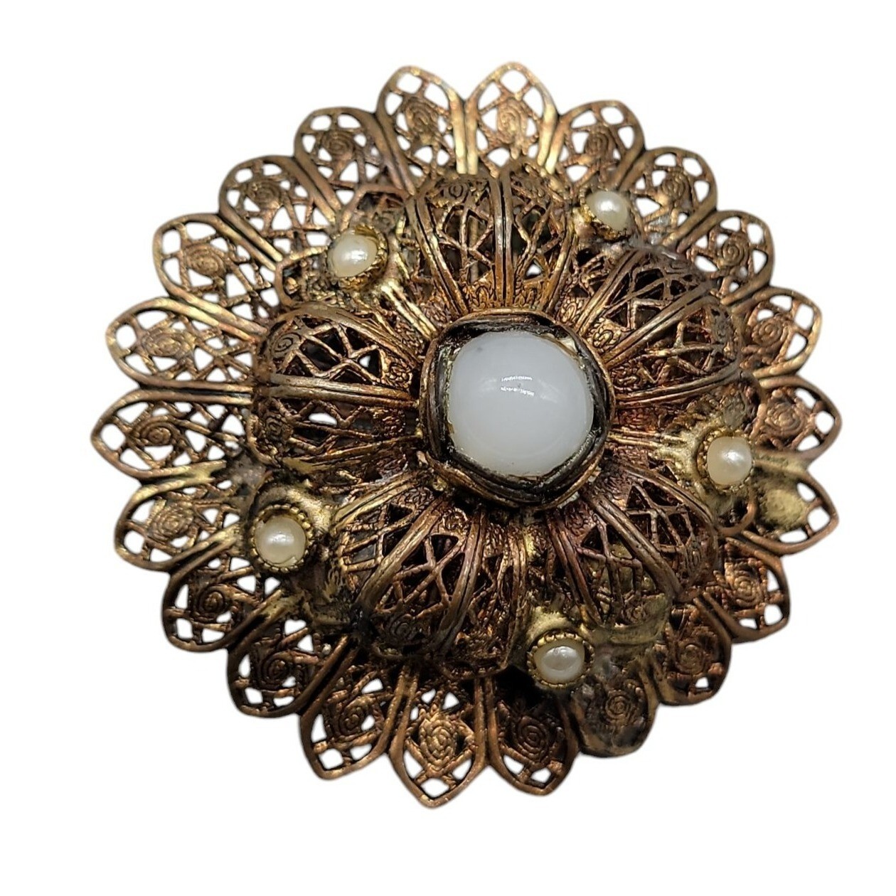 Miriam Haskell Style Brooch Filigree Round Puffy Faux… - Gem