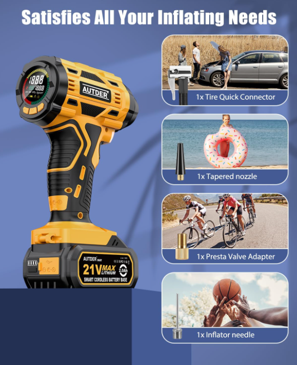 Cordless Tire Inflator 180PSI, 21V Battery & 12V DC, for Car, Bike,Ball ...