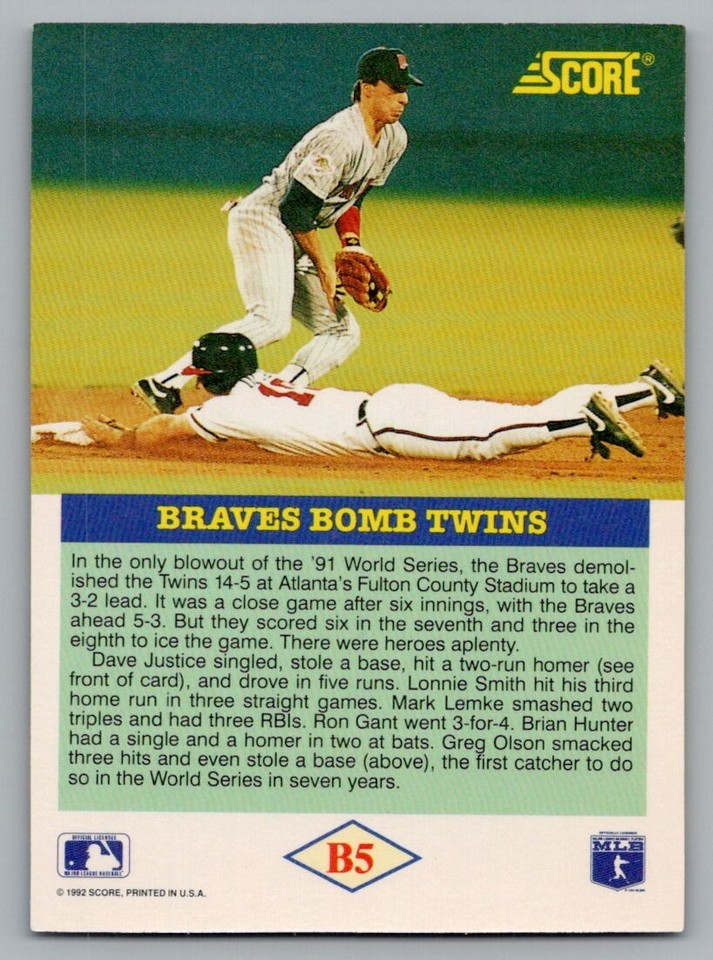 1992 SCORE FACTORY INSERTS BRAVES BOMB TWINS GAME 5 #B5 | eBay