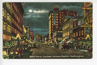 Hotel Savoy & 2nd Ave SEATTLE Antique Night Scene RATHSKELLER Signs ...