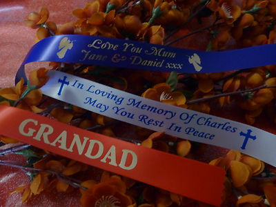 PERSONALISED FUNERAL RIBBON 25mm WIDE x 1 METRE FLOWERS WREATH MEMORIAL ...