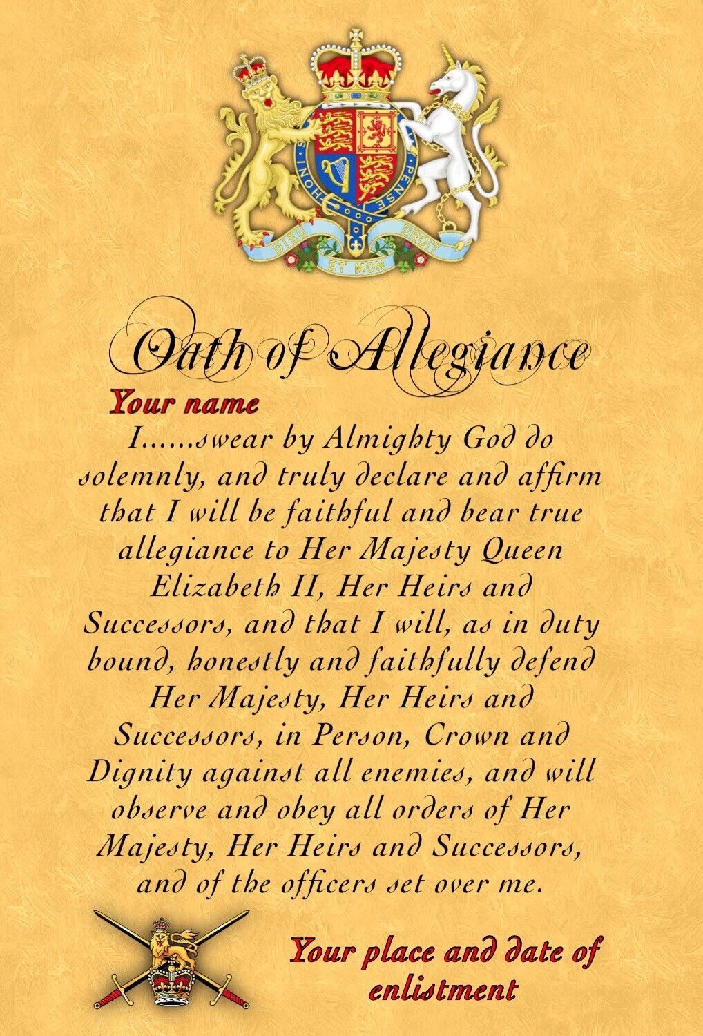British Army Oath Of Allegiance. All Regiments and Corps. A4 photo ...