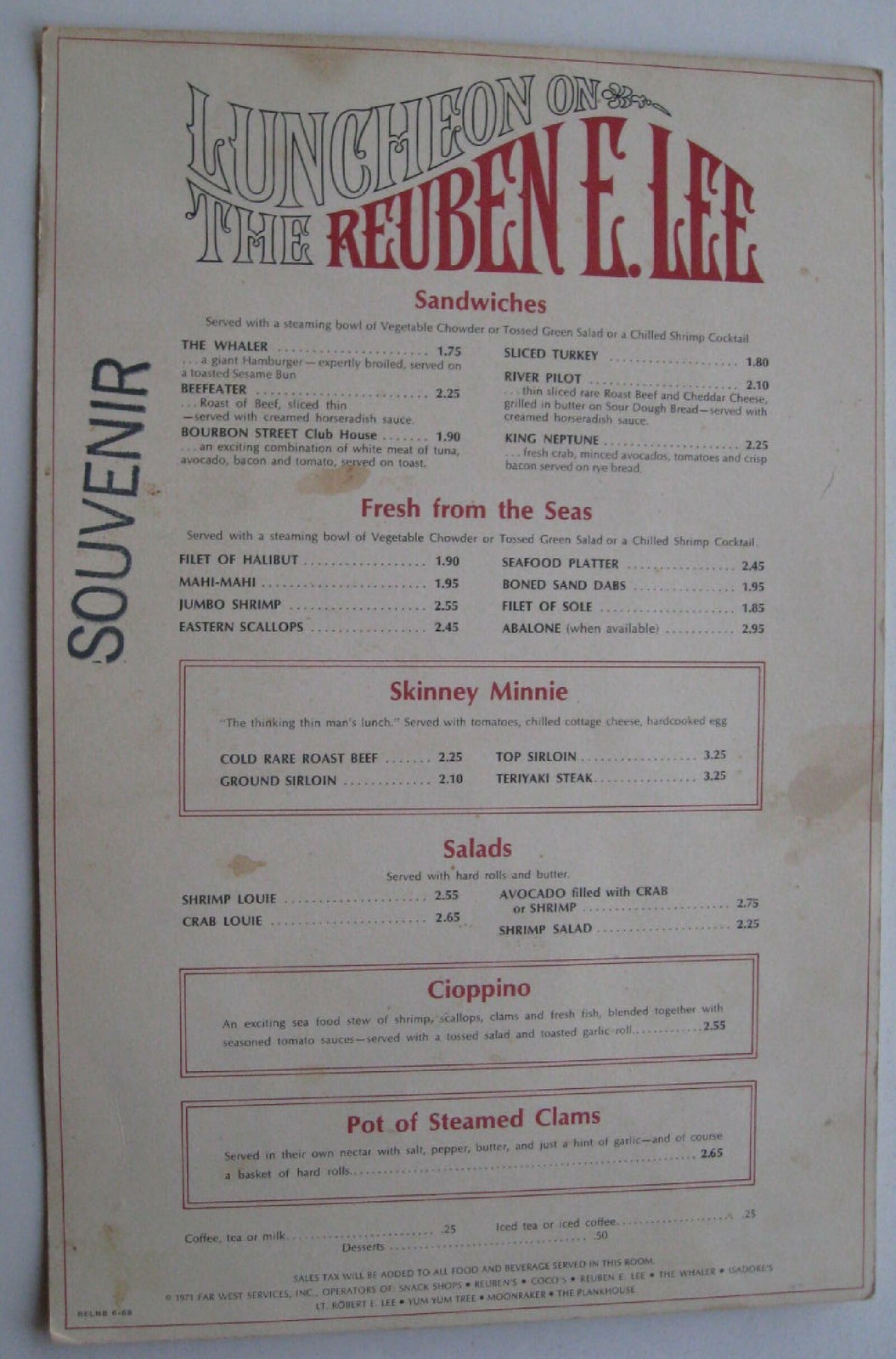 Restaurant Menu For Reuben E. Lee Sea Food Restaurant Newport Beach ...