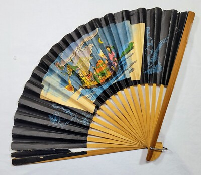 VINTAGE CHINESE FOLDING PAPER HAND FAN People on Boat DRAGON Bamboo ...