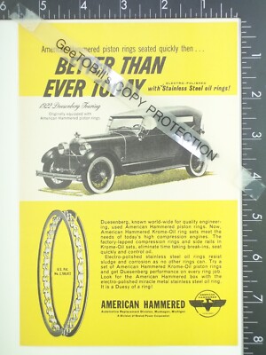 1967 ADVERTISING for American Hammered piston rings, w/ 1922 Duesenberg ...
