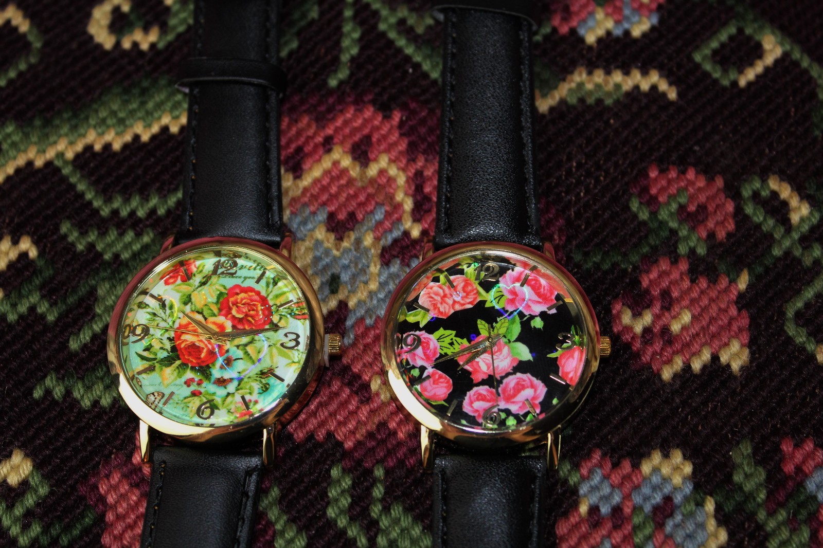 Romantic Rose Pattern Holographic Ladies Watch W/ Black Faux Leather ...