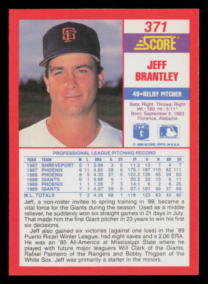 1990 Score Jeff Brantley #371 RC Rookie San Francisco Giants Baseball ...