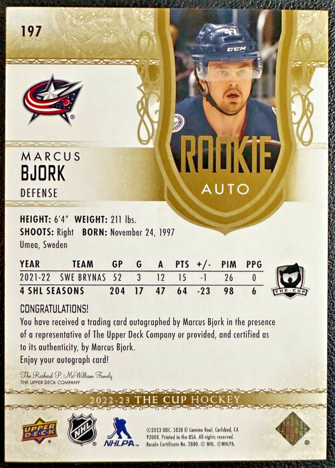MARCUS BJORK 2022-23 Upper Deck The Cup Gold Spectrum Rookie Autograph ...