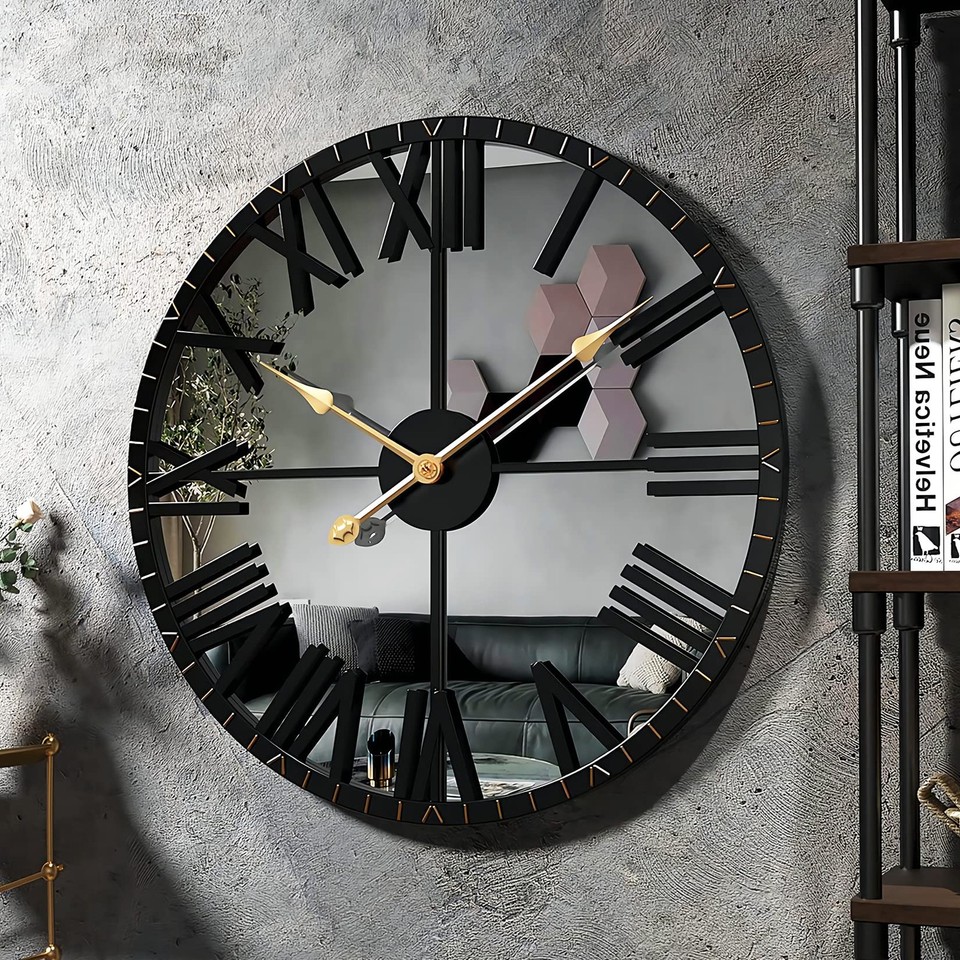 Modern Mirror Wall Clock, Large Vintage Retro Wall Decor, Metal Frame ...