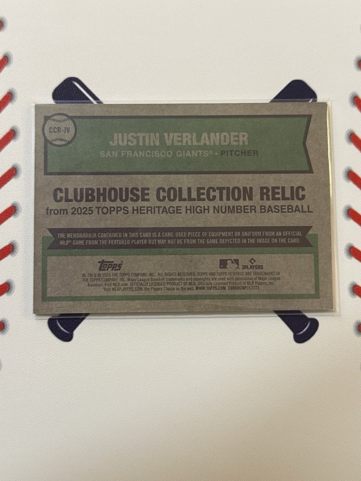 2025 Topps Heritage High Number Clubhouse Relic Justin Verlander #CCR ...