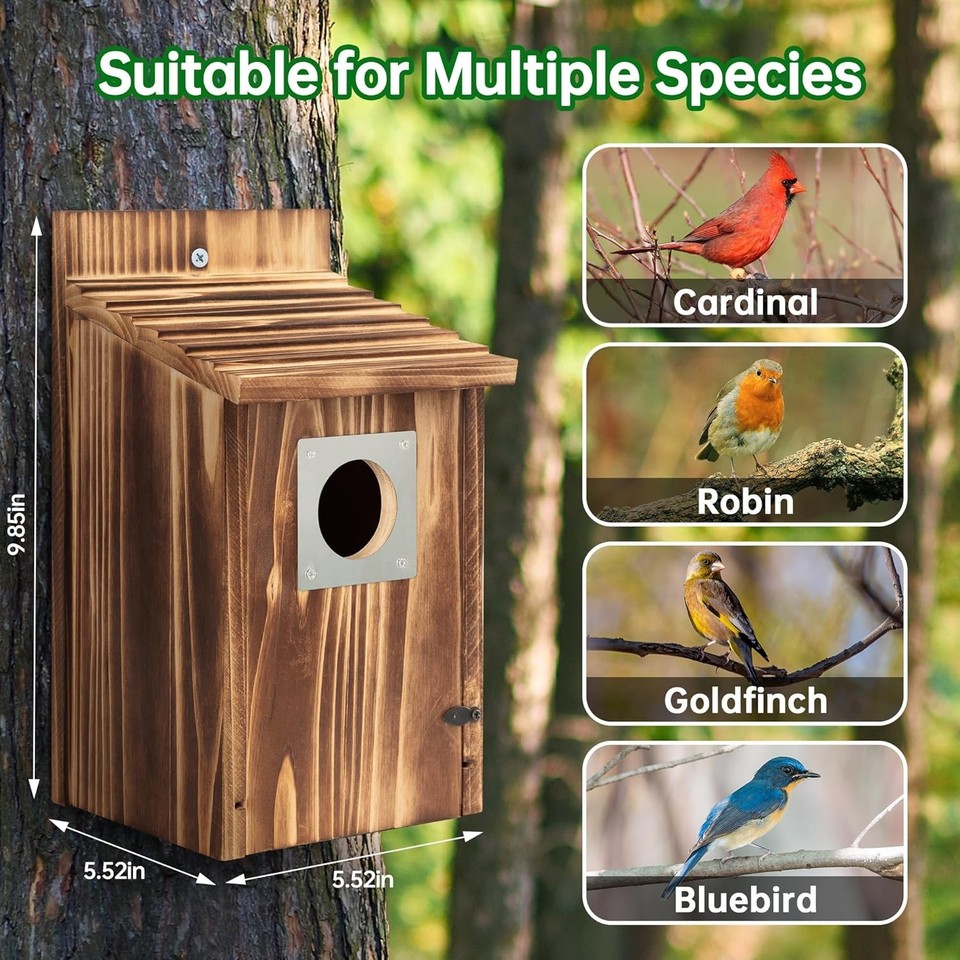 2 Pack Outdoor Bird Houses with Metal Predator Guard, Carbonized Wooden ...