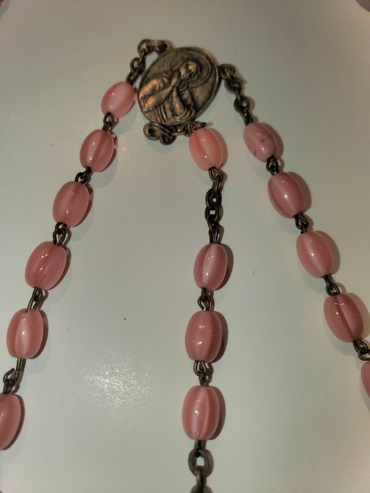 Antique Vtg Pink Slag Glass Looking Beads Rosary W/ Crucifix & Medal ...
