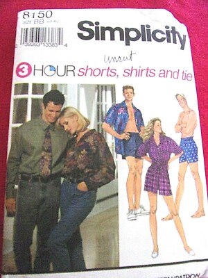 UNCUT SIMPLICITY# 8150 UNISEX SZ L-XL SHORTS/SHIRT/TIE SEWING PATTERN ...