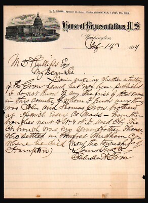 1894 Galusha A Grow - Civil War - Speaker of the House - ALS Letter ...
