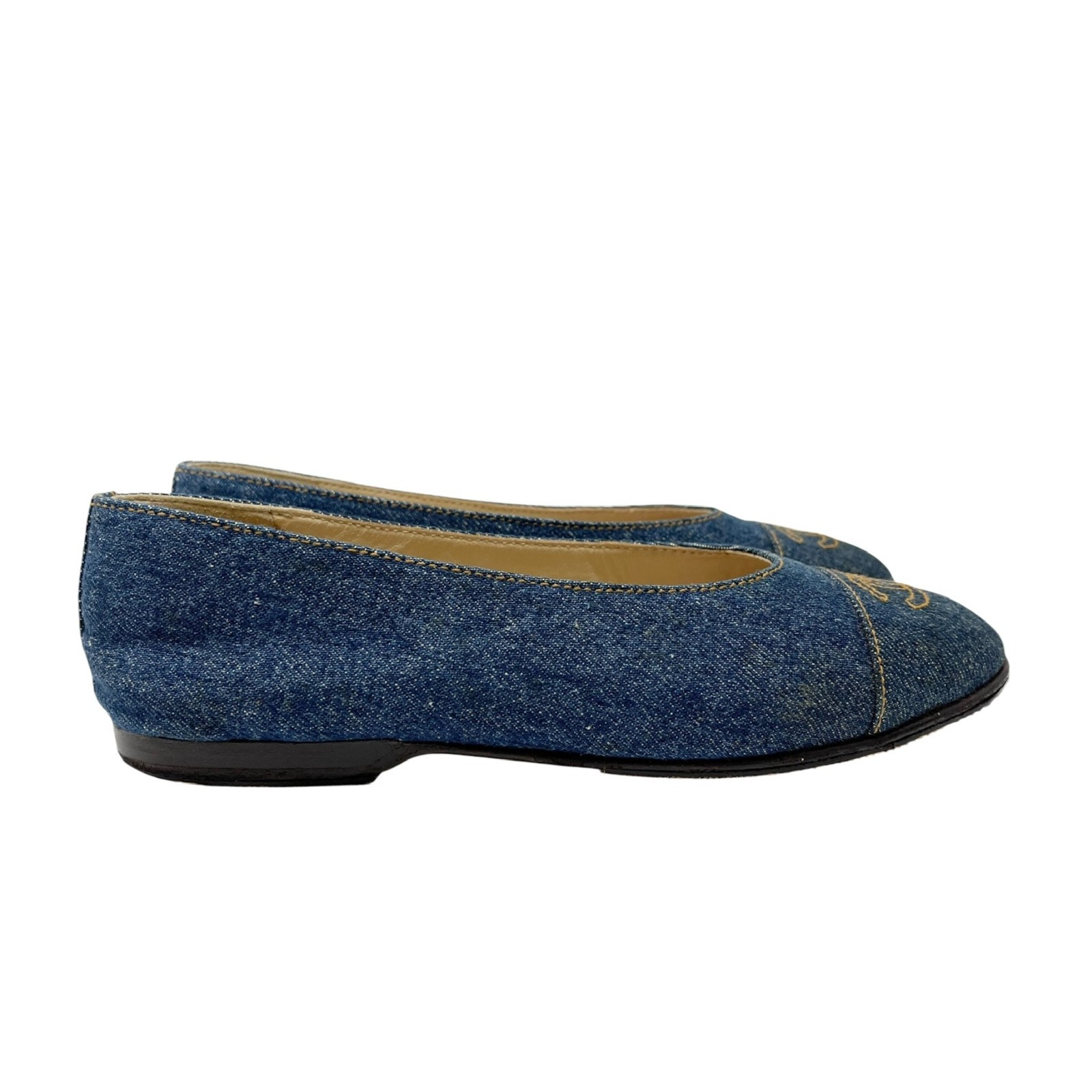 CHANEL Vintage 97P CC Mark Logo Denim Flat Shoes #36 Stitch Blue Beige ...