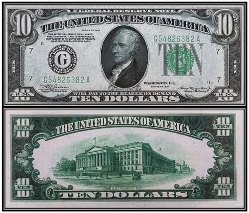 $10 Ten Dollar 1934 Federal Reserve Note (US CURRENCY STICKERS) (Lot Of ...