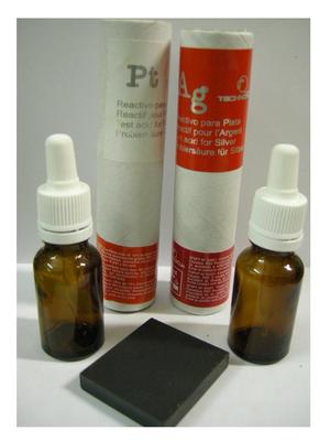 réactif pour argent + test pour platine + flacons avec pipette+ pierre ...