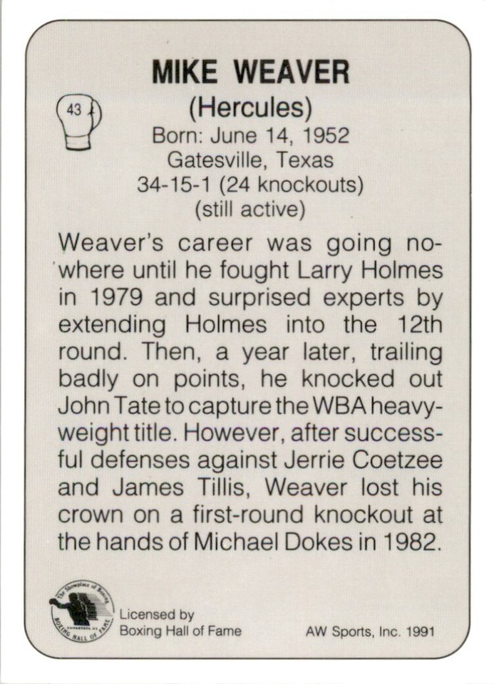 1991 AW Sports All World Boxing #43 MIKE WEAVER Hercules (B) | eBay