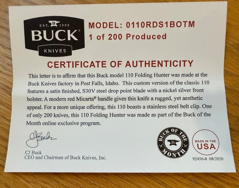 BUCK BOTM 110 DROP POINT RED MICARTA NEVER USED IN BOX ONLY 200 MADE ...