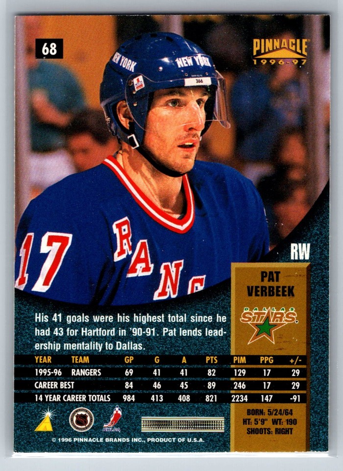 1996-97 Pinnacle Pat Verbeek Dallas Stars #68 | eBay