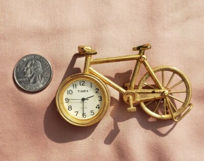 Vintage little miniature brass clock Bicycle Timex Japan movement | eBay