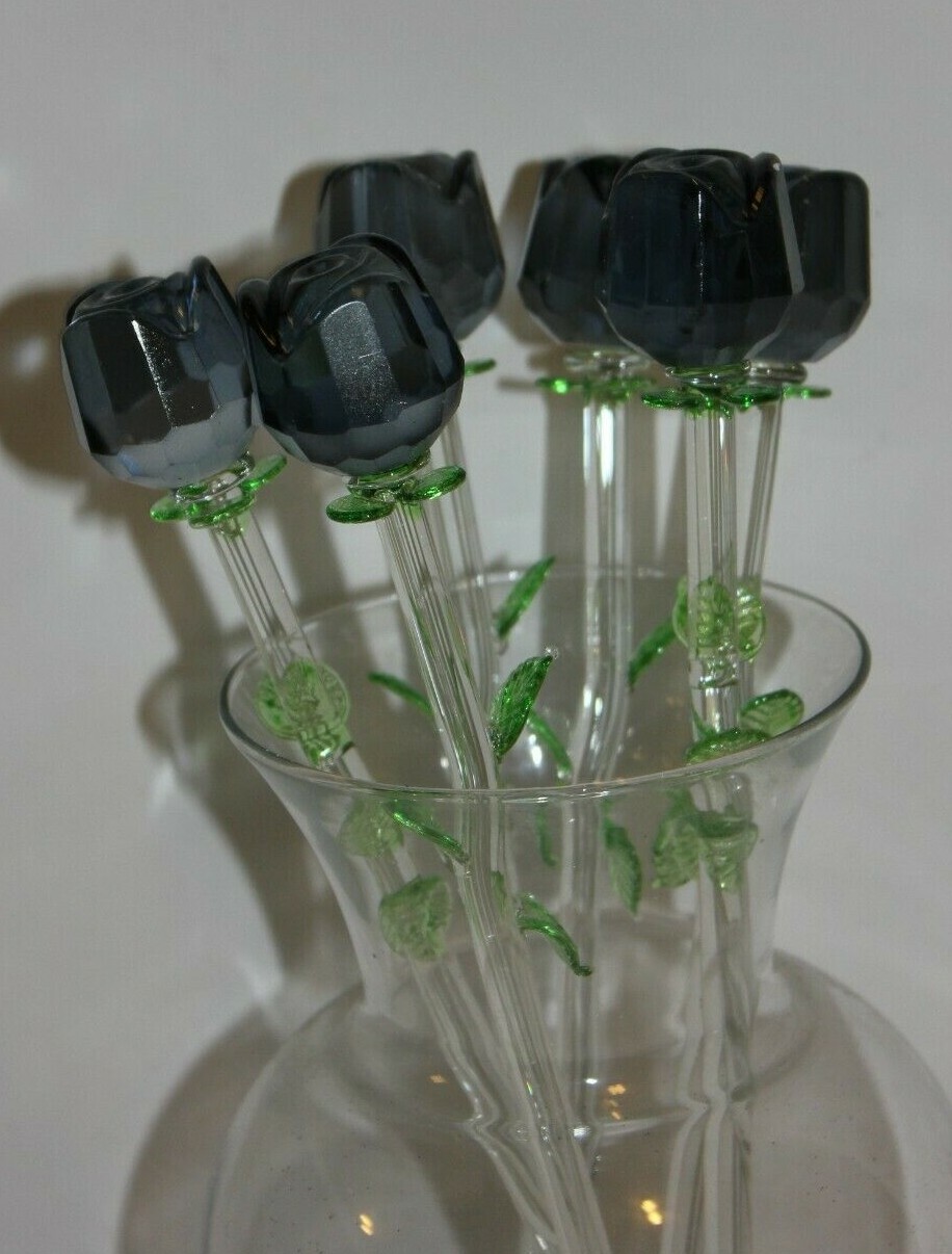 Bouquet of 6 x 12" Black Glass Roses with Green Leaves, Halloween House ...