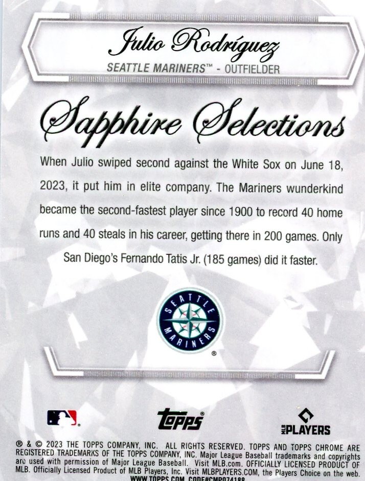 2023 TOPPS CHROME JULIO RODRIGUEZ SAPPHIRE SELCTIONS /50 SEATTLE ...