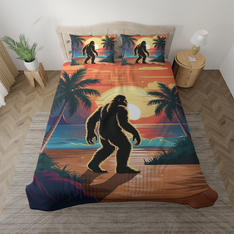 Bigfoot on Beach Sunset Palm Trees Bedding Set Tropical Wildlife Duvet ...