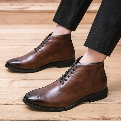 Mens Leather High Top Carved Brogues Oxfords Lace Up Ankle Riding Boots ...