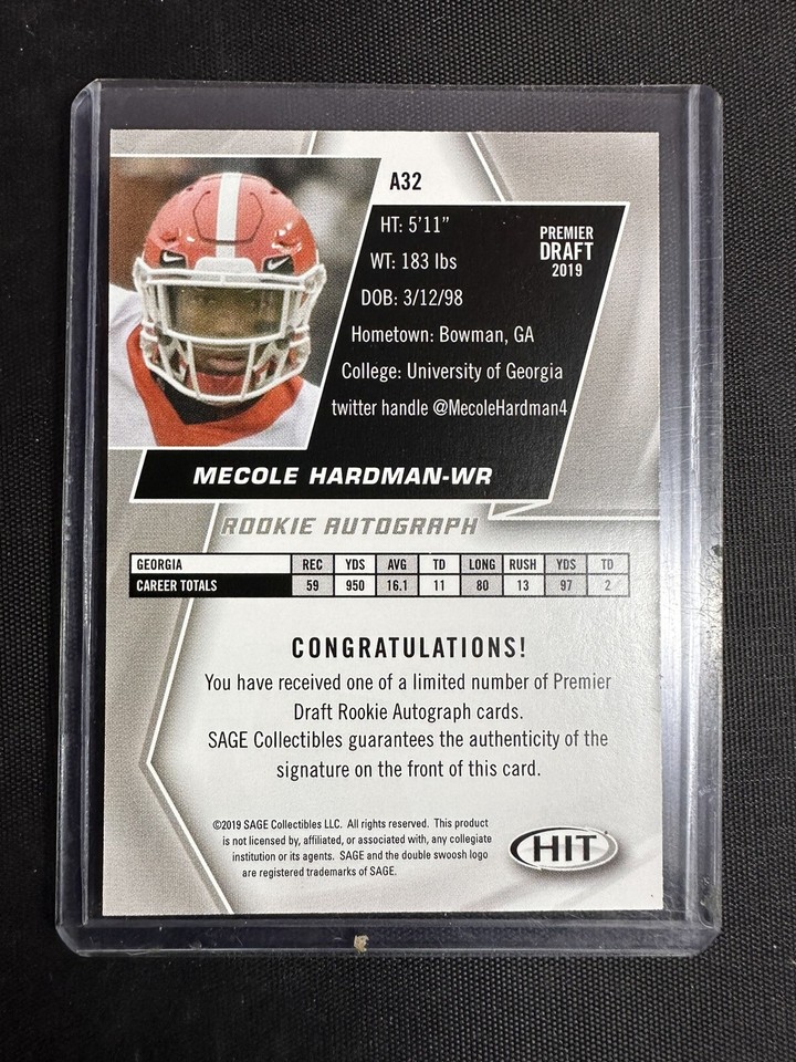 2019 SAGE HIT MECOLE HARDMAN Black Autograph #A32 Rookie RC Auto KC ...