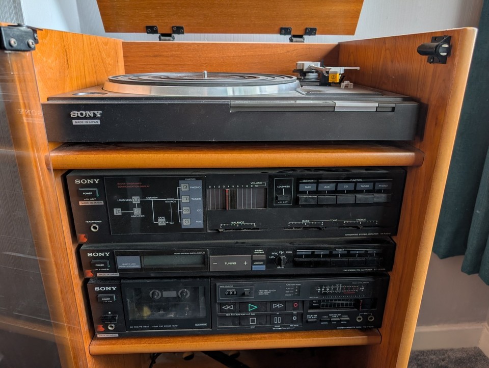 Vintage 1980 Sony Hi-Fi Stereo System Glass & Teak Cabinet Retro Record ...