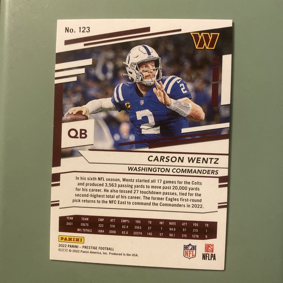 2022 PANINI PRESTIGE CARSON WENTZ QB WASHINGTON COMMANDERS CARD #123 | eBay