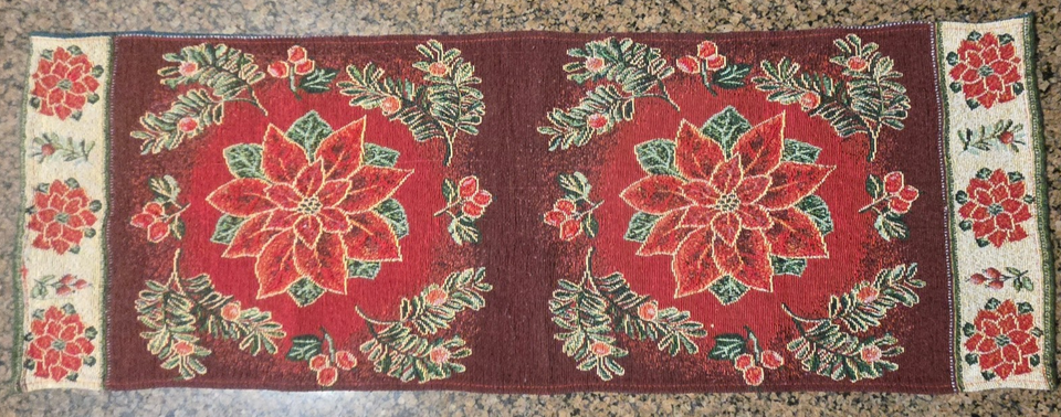 SMALL Windham Weavers Tapestry Side Table Runner Poinsettia & Berries ...