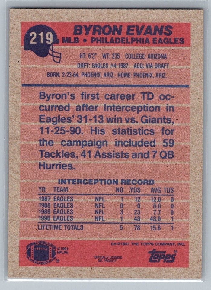 1991 TOPPS CARD # 219 Byron Evans - Philadelphia Eagles | eBay