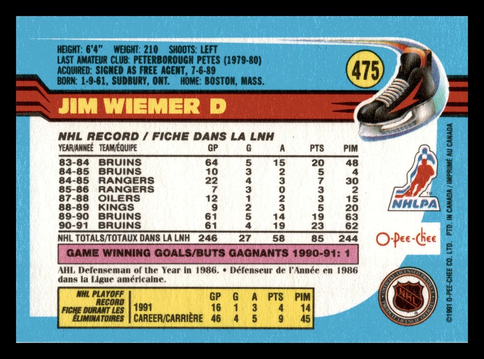 1991-92 O-Pee-Chee Jim Wiemer #475 Boston Bruins NM-MINT | eBay