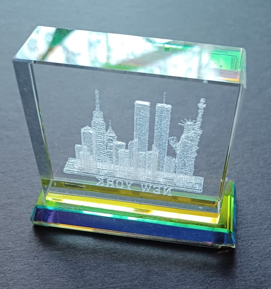 Vintage Crystal Etched Paperweight New York Twin Towers Statue Of ...