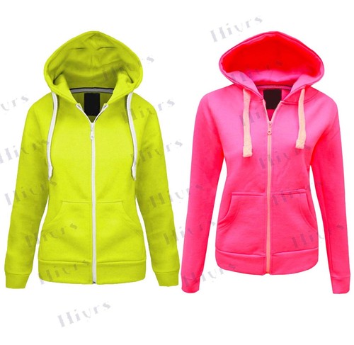 Womens PLAIN FLUORESCENT NEON HOODIE Zipper Active Bike Gear Fleece ...