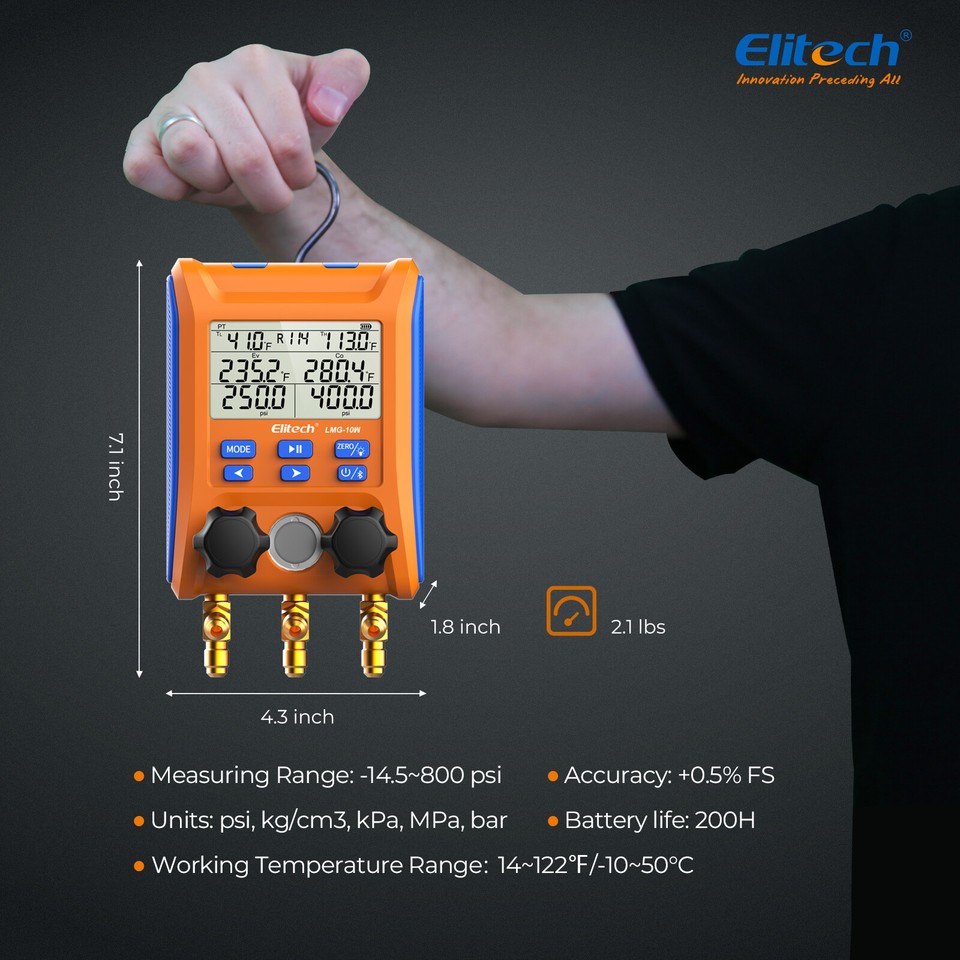 Elitech Wireless Digital HVAC Manifold Gauge APP Control LMG-10W w ...